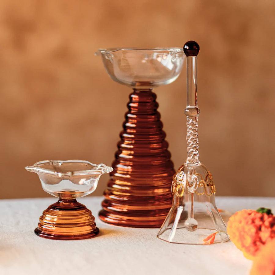 Muun Home Glass Diya Set with Bell - Amber | Modern Quests