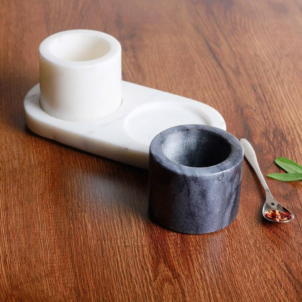 The Handicraft Street Duo Marble Condiments Set with Base | Modern Quests